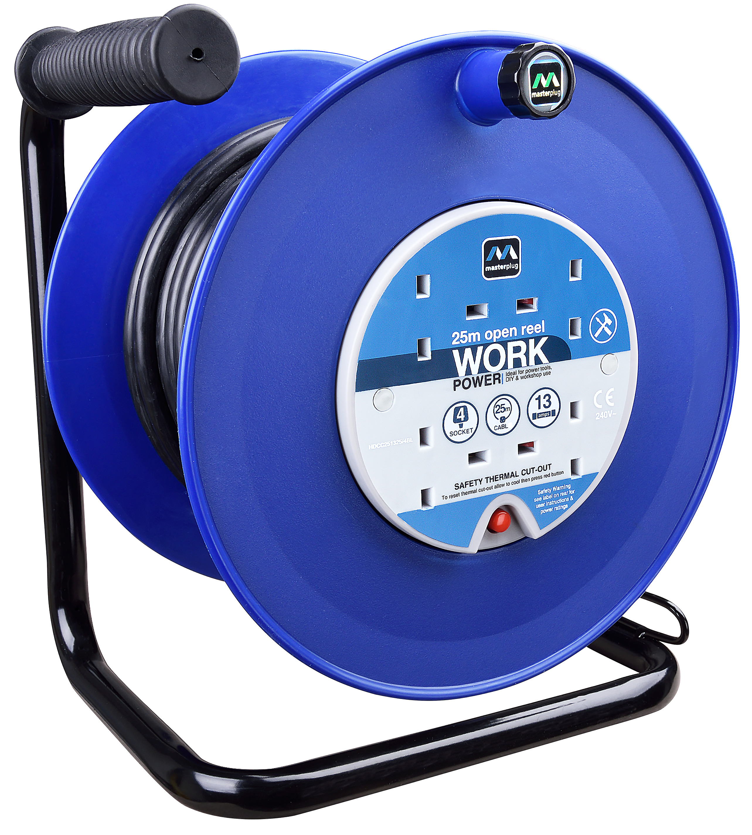 Heavy Duty Cable Reel + Cable Tidy 4 Skt 25m 13a 2.5mm2 Open Reel Blue